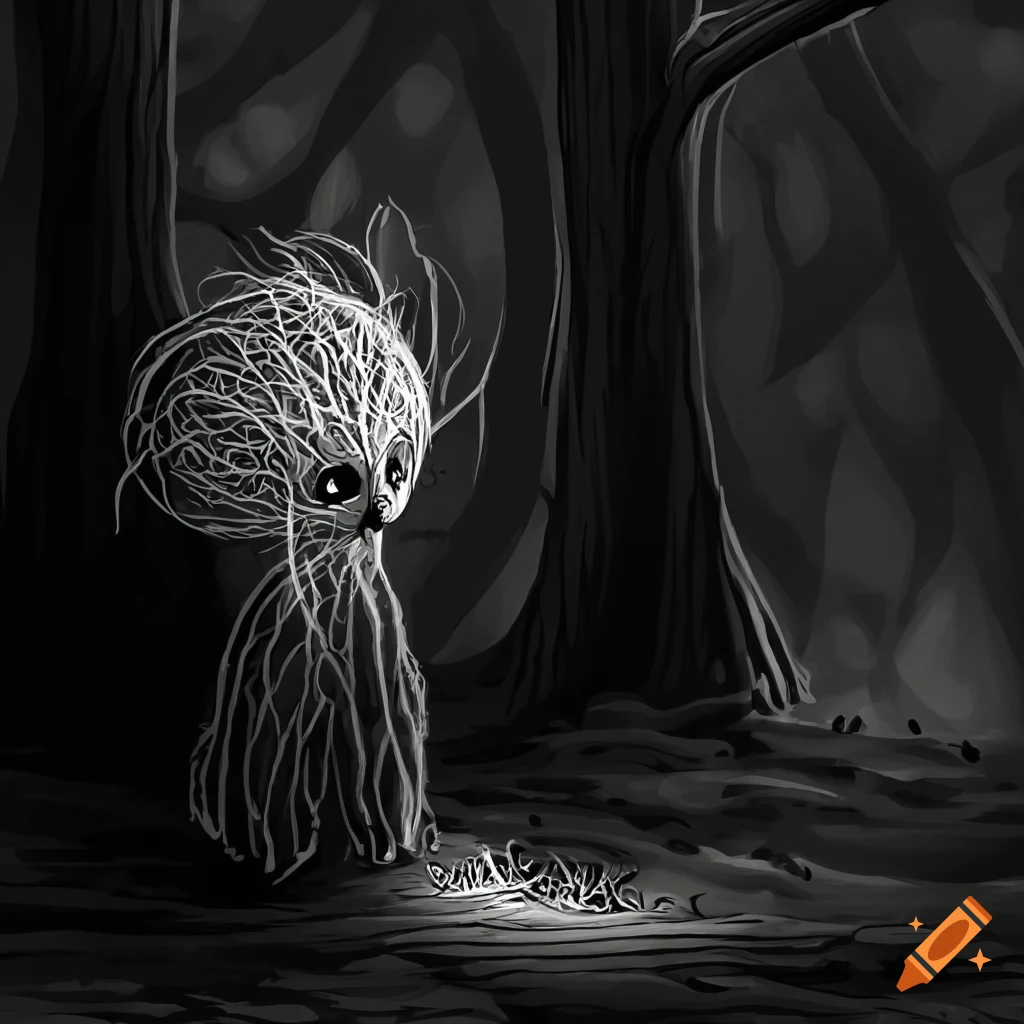 Cartoon of a running willow tree creature in a wood on Craiyon