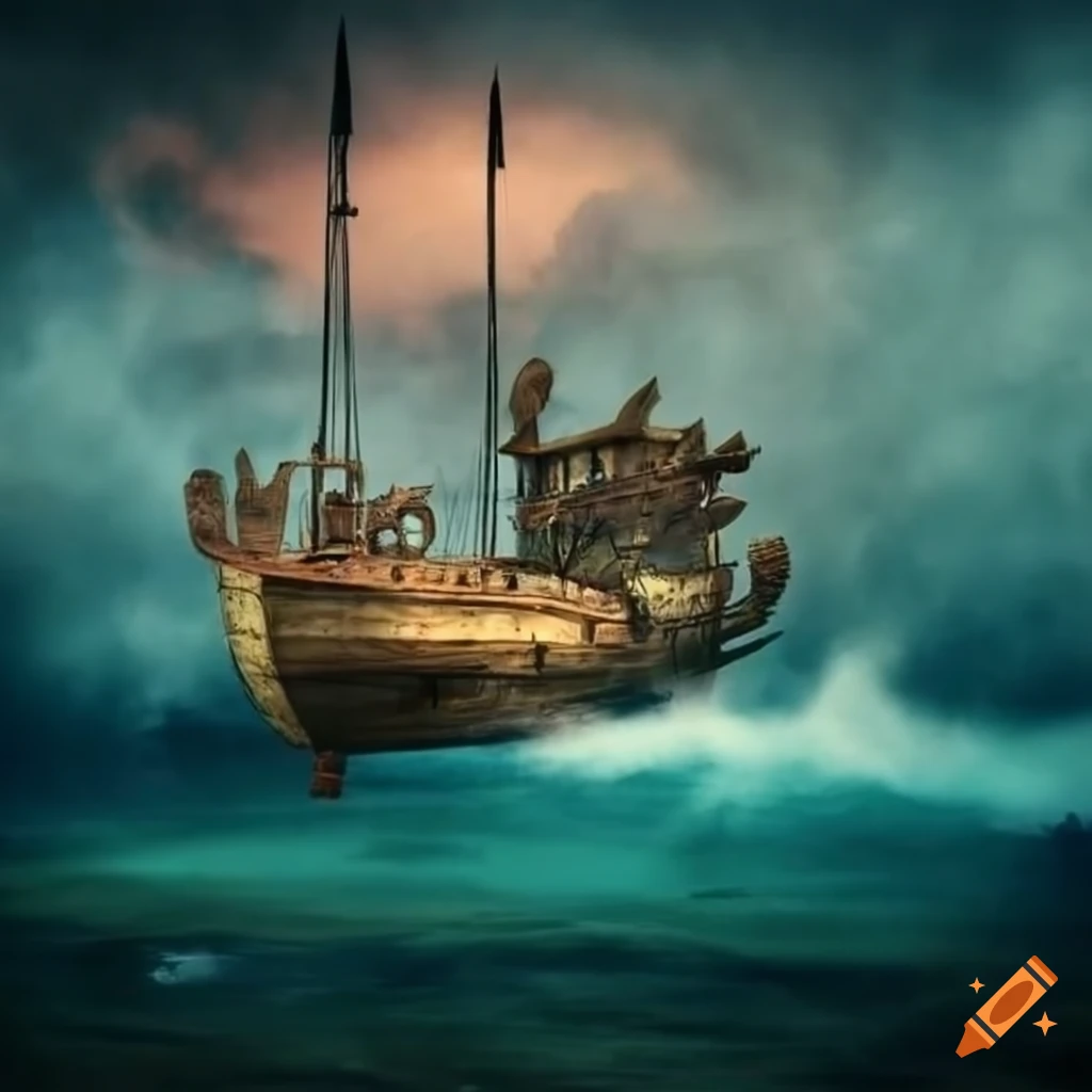 Surreal steampunk artwork with a strange boat and ghostly beach on Craiyon