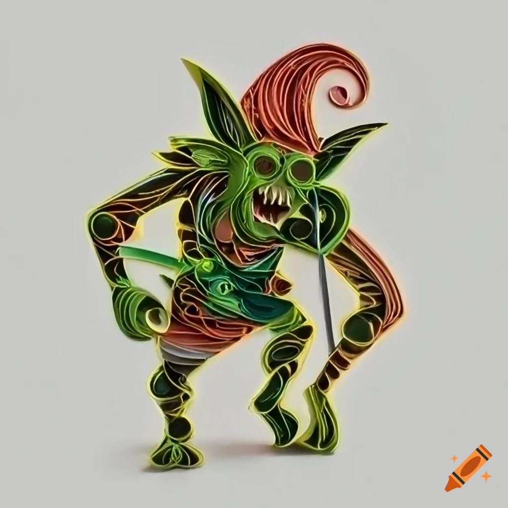 Quilling paper art of a forest goblin with a weapon on Craiyon