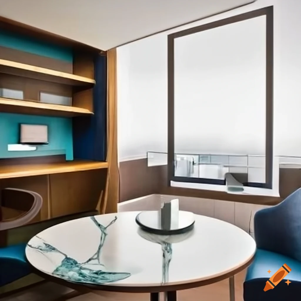 Modern hotel manager's office with marble desk and cozy chairs on Craiyon