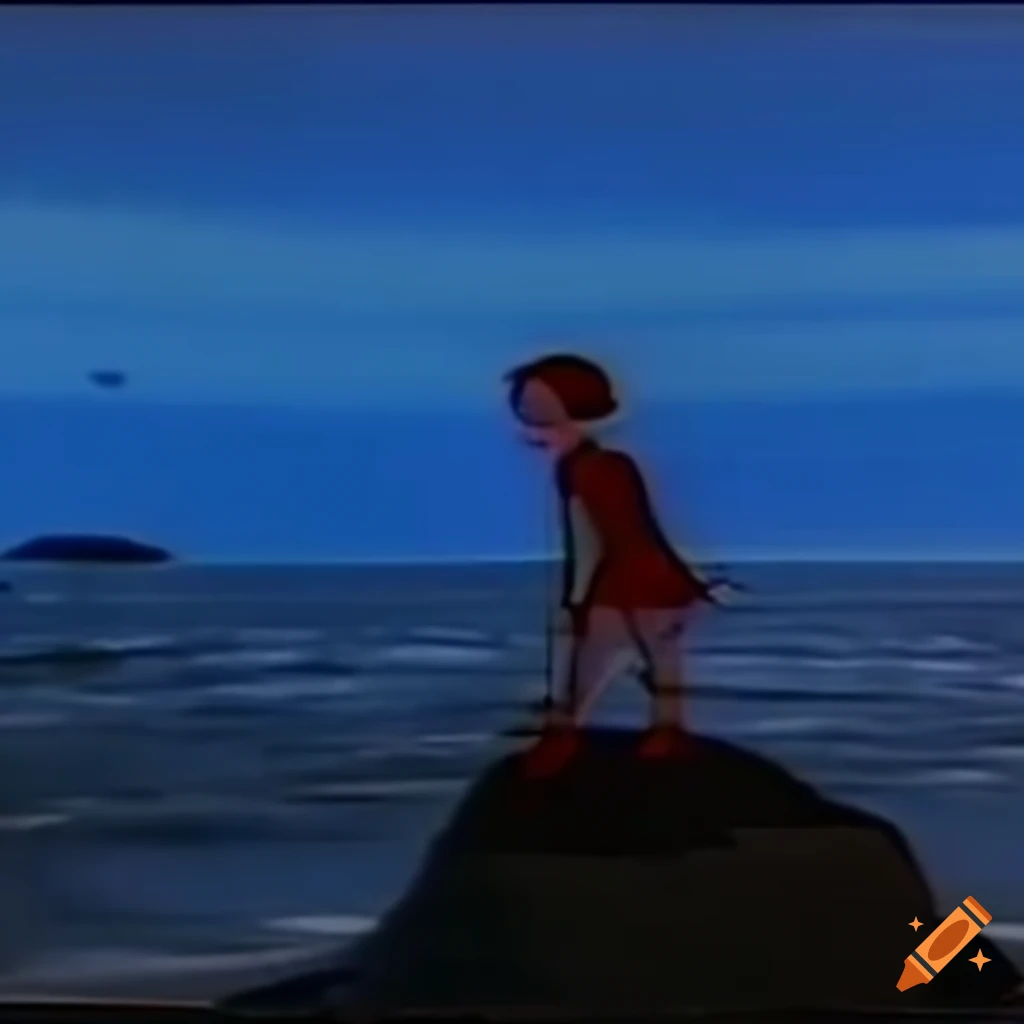 Classic early cgi animation of a person walking on the beach on Craiyon