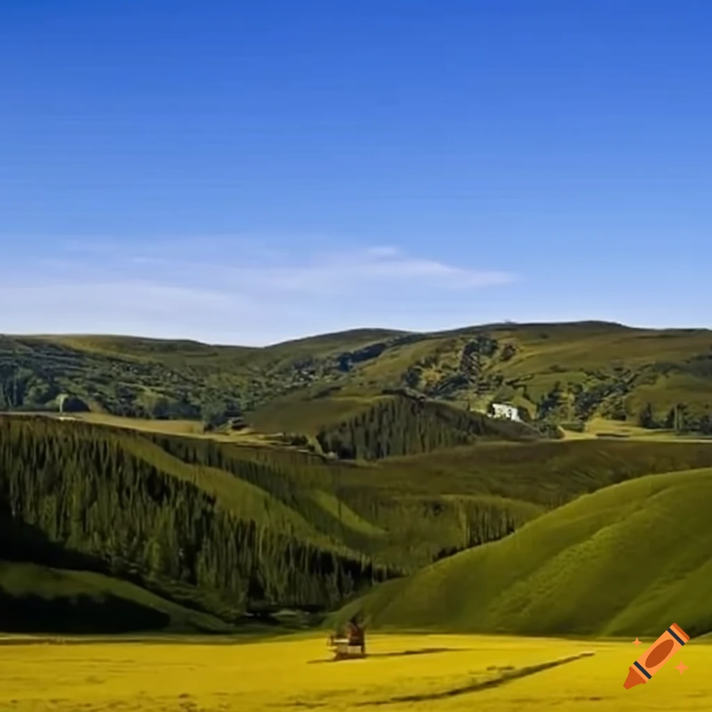 Picture of rolling hills surrounding a town on Craiyon