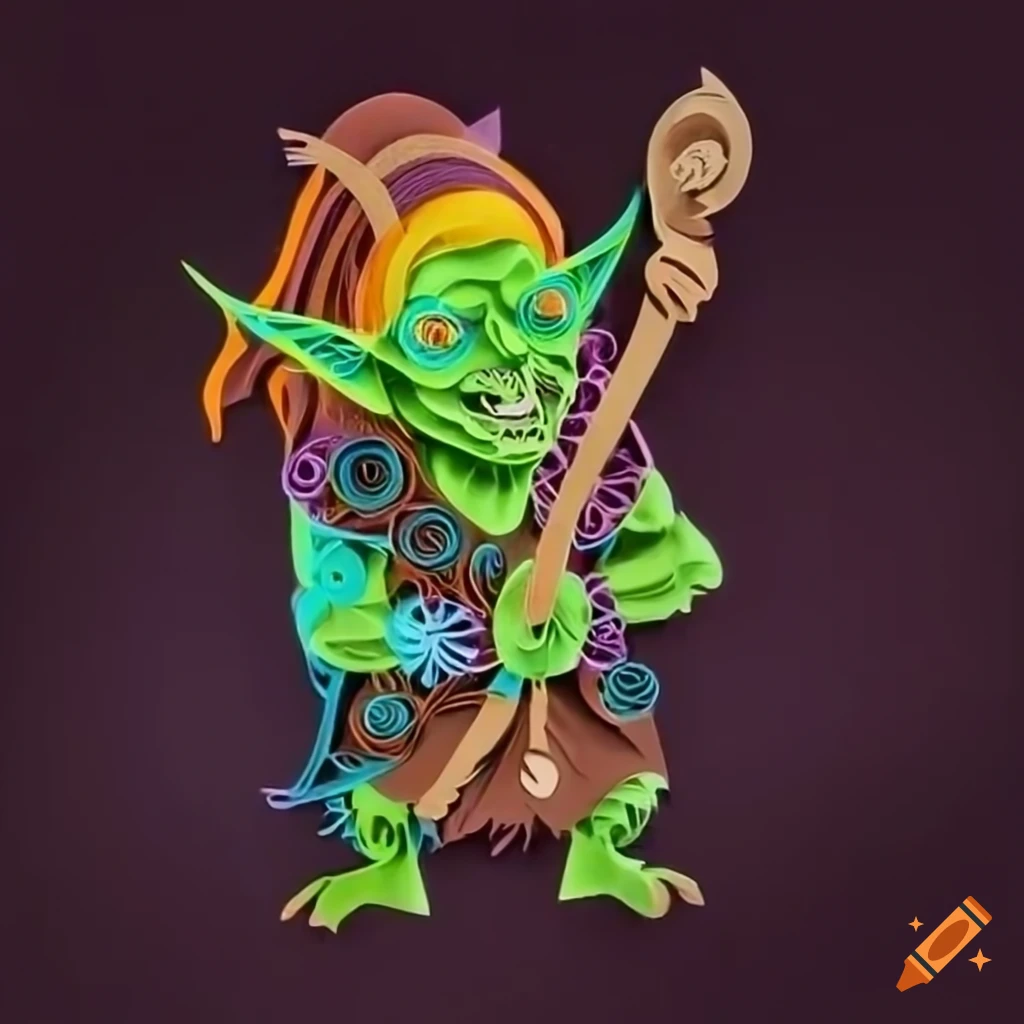 Quilling art of a swamp goblin holding a flaming tree branch on Craiyon