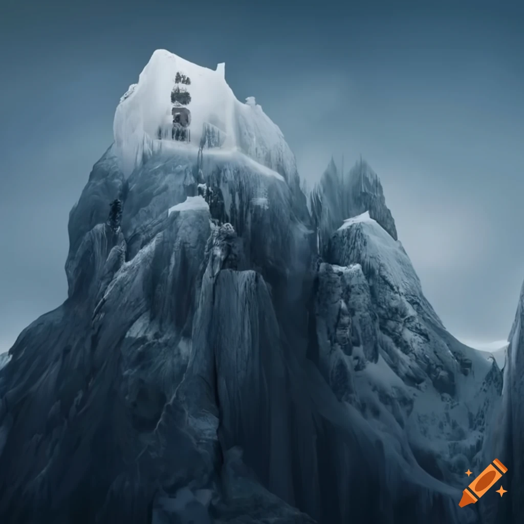 Hyperrealistic painting of a medieval fort on icy cliffs on Craiyon