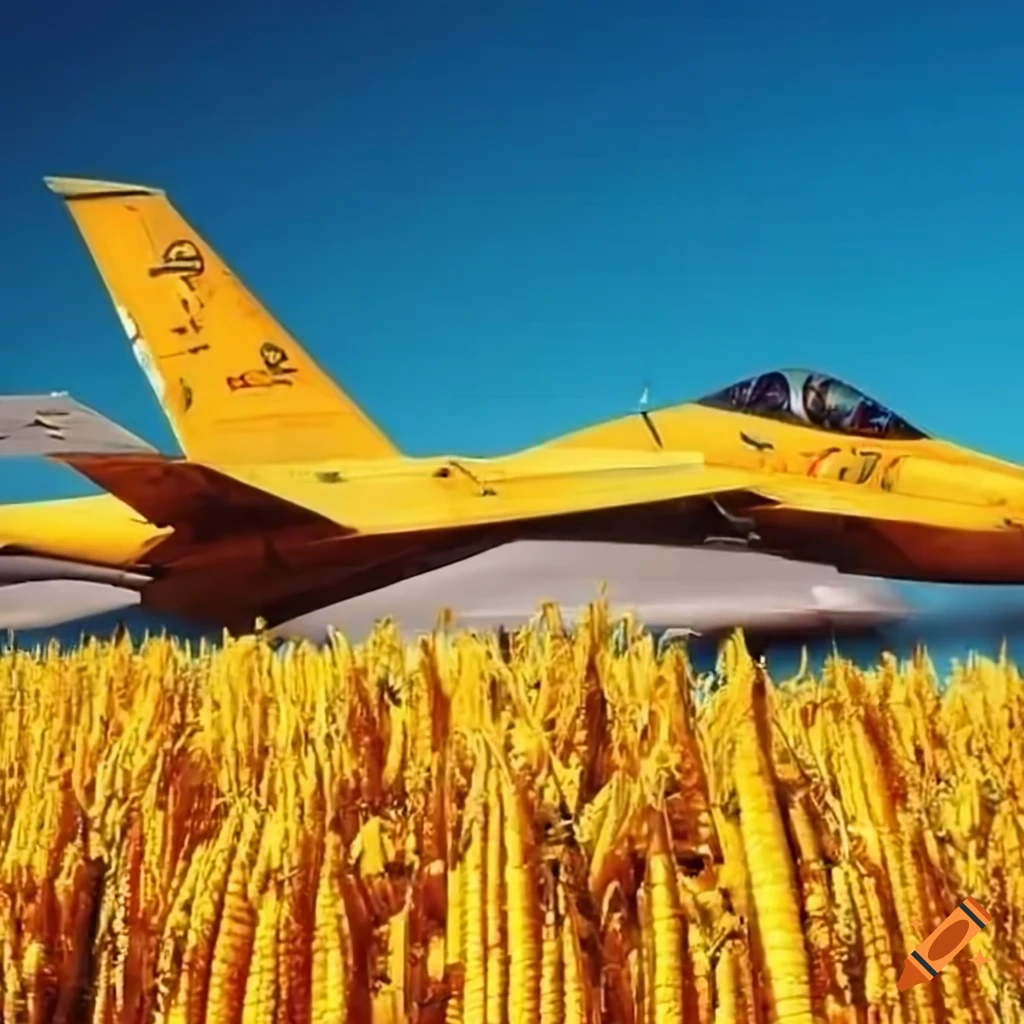 Humorous image of a fighter jet with corn cobs on the wings on Craiyon