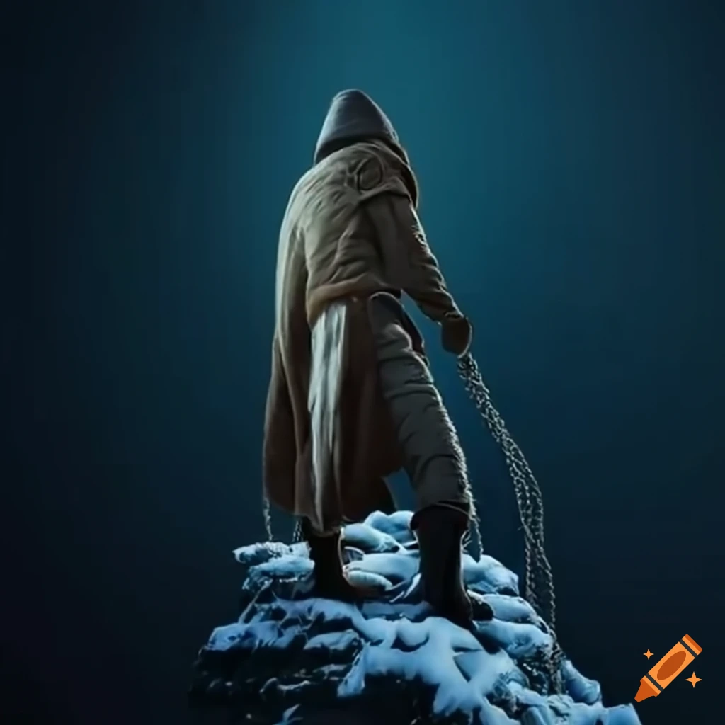 Medieval adventurer climbing steep snowy cliffs on Craiyon