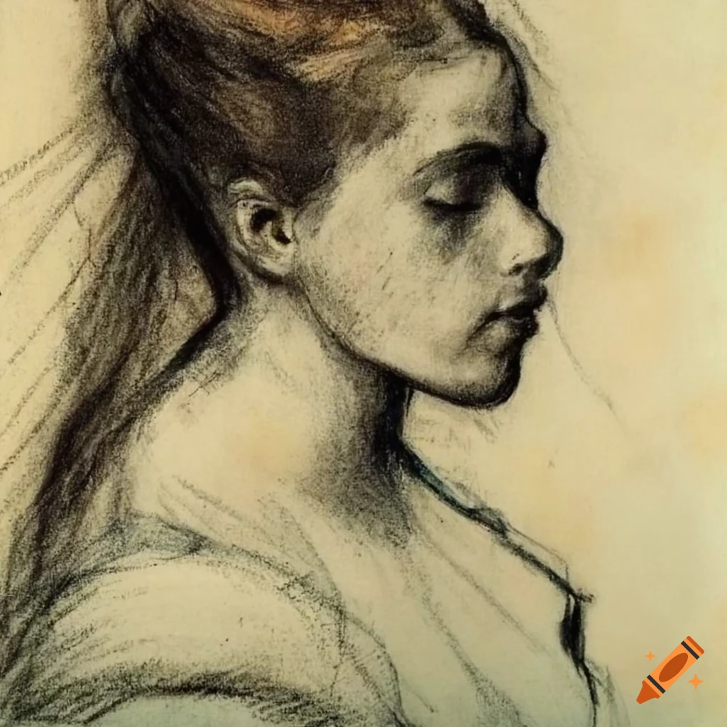 Charcoal drawing of a girl with flowing hair on Craiyon