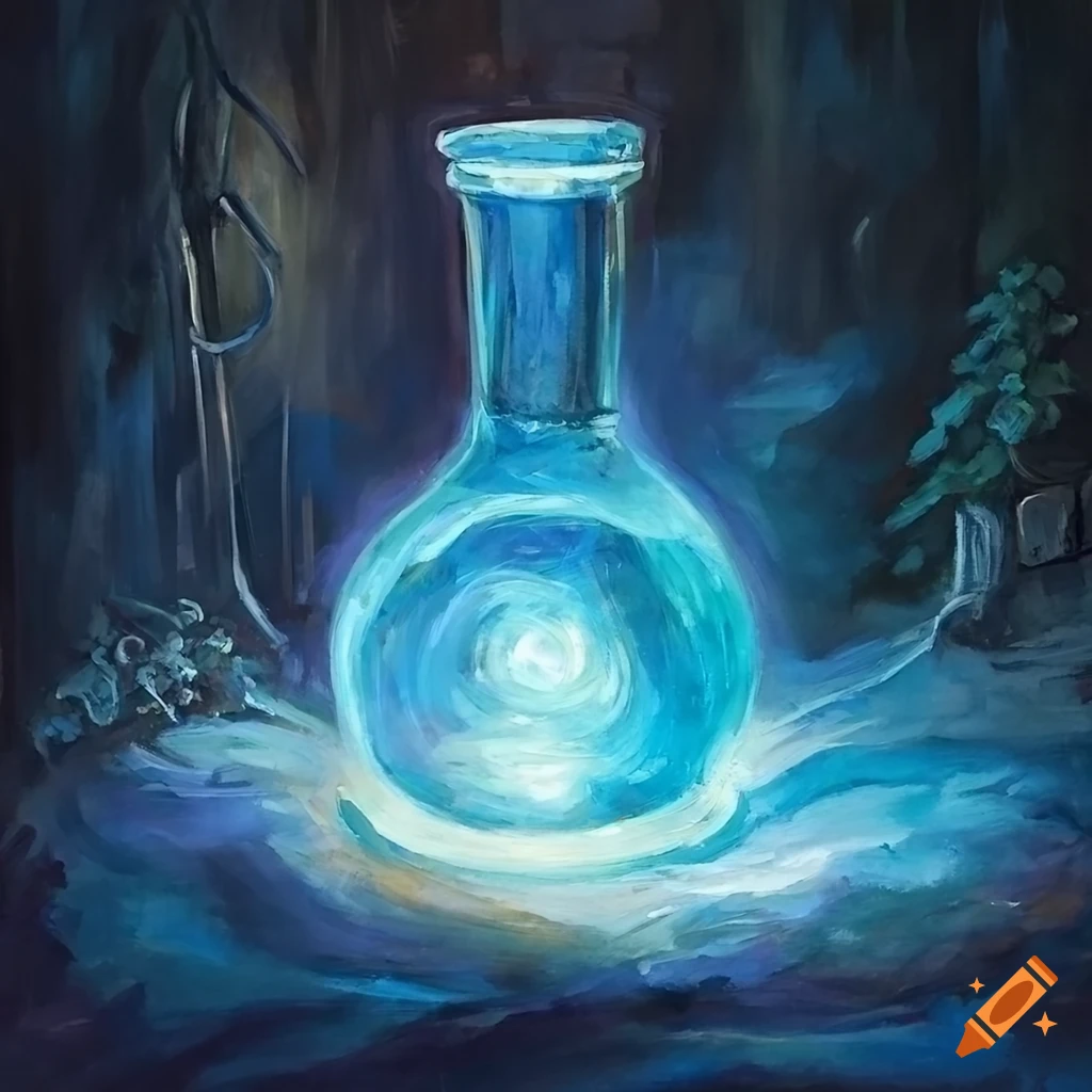 Oil painting of a luminous blue potion in a flask on Craiyon