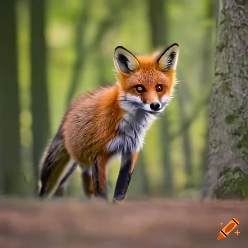 Fox chasing a bird in a forest on Craiyon