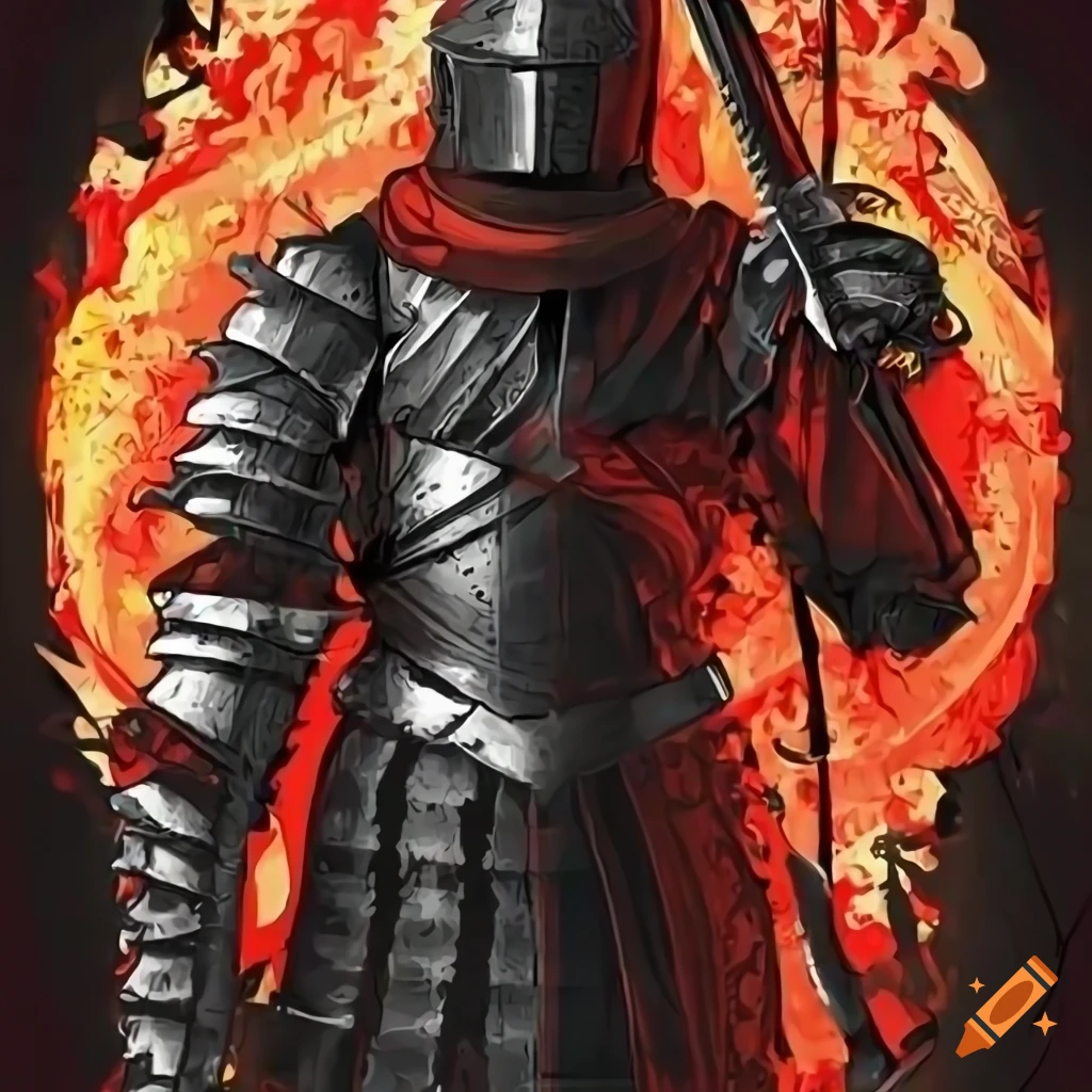 Highly detailed etching of a knight with a red ribbon in lovecraft ...