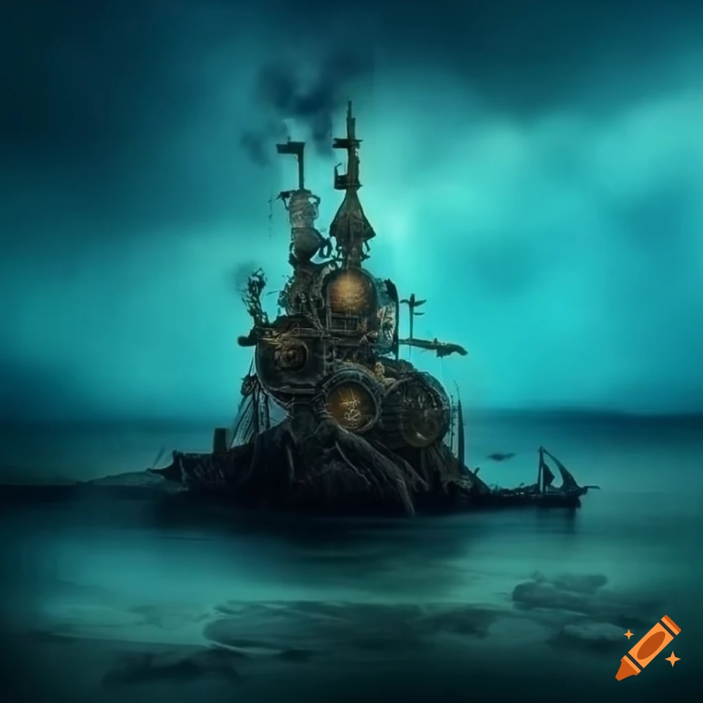 Surrealist steampunk artwork with beach and strange creatures on Craiyon