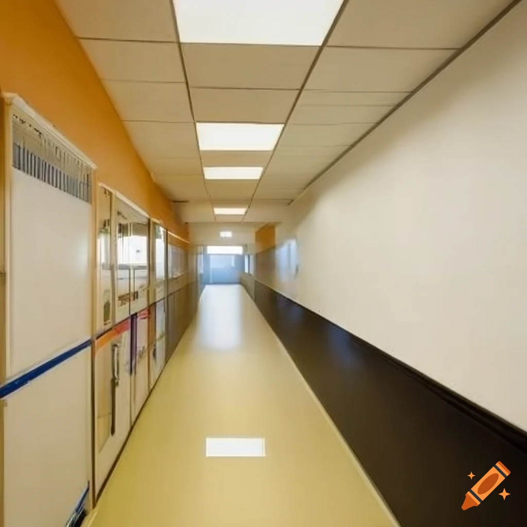 School corridor with classrooms and hall on Craiyon