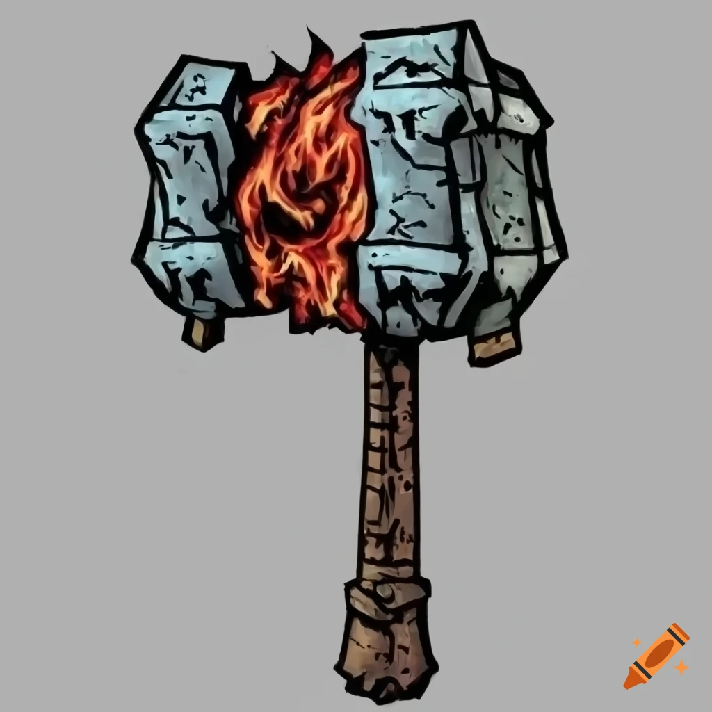 Darkest dungeon inspired artwork of a fiery vulcan hammer on Craiyon