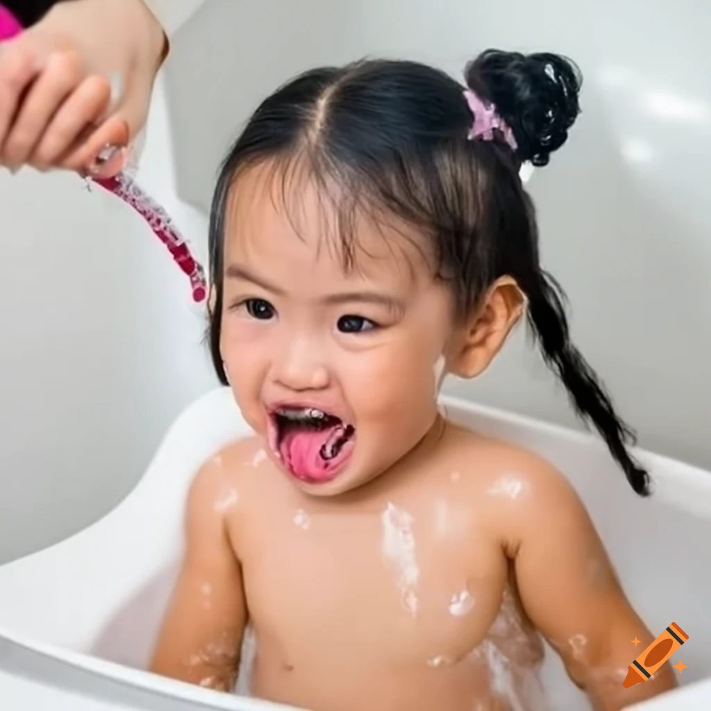 Adorable Asian toddler girl enjoying bath time on Craiyon