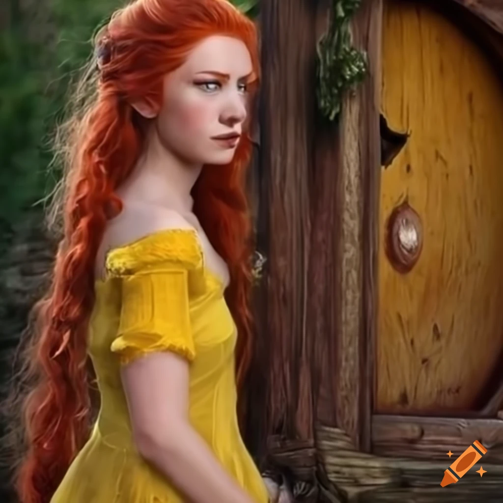 Hobbit lady with red hair in a yellow dress on Craiyon