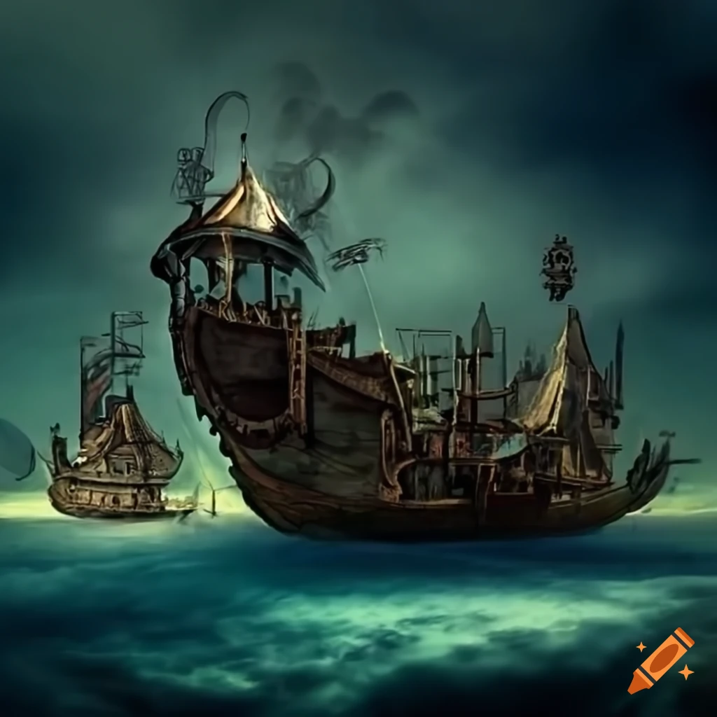 Steampunk boat sailing on a surreal sea on Craiyon