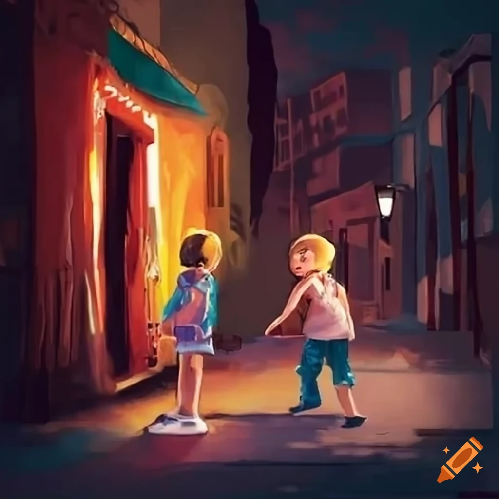 Niño y niña en la calle con ropa rota y sucia on Craiyon