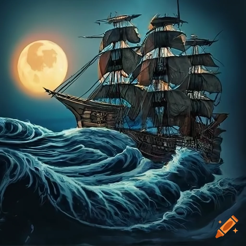 Image of a pirate ship battling through rough waves under a full moon