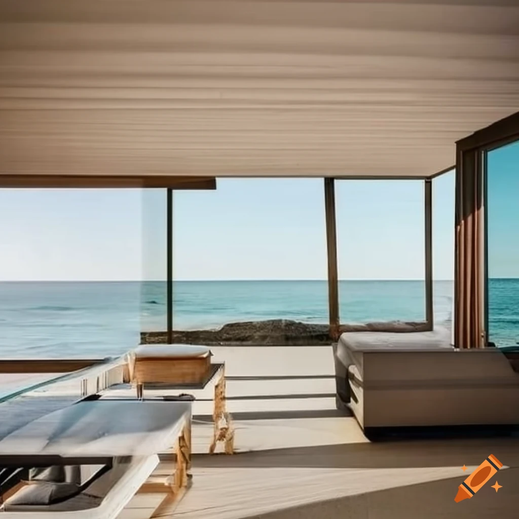 Luxurious beachfront residence with glass walls and ocean view on Craiyon