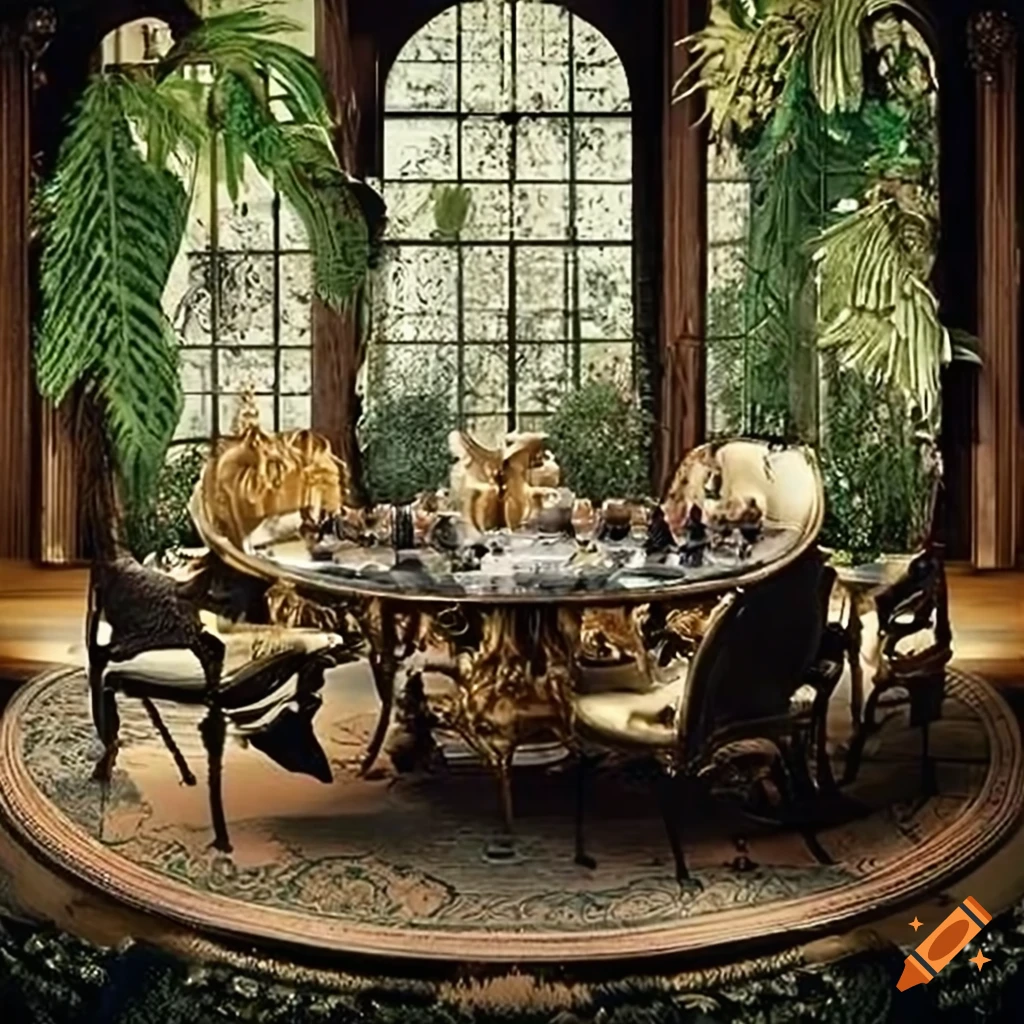 Luxurious living room with exotic plants and Victorian elements on Craiyon