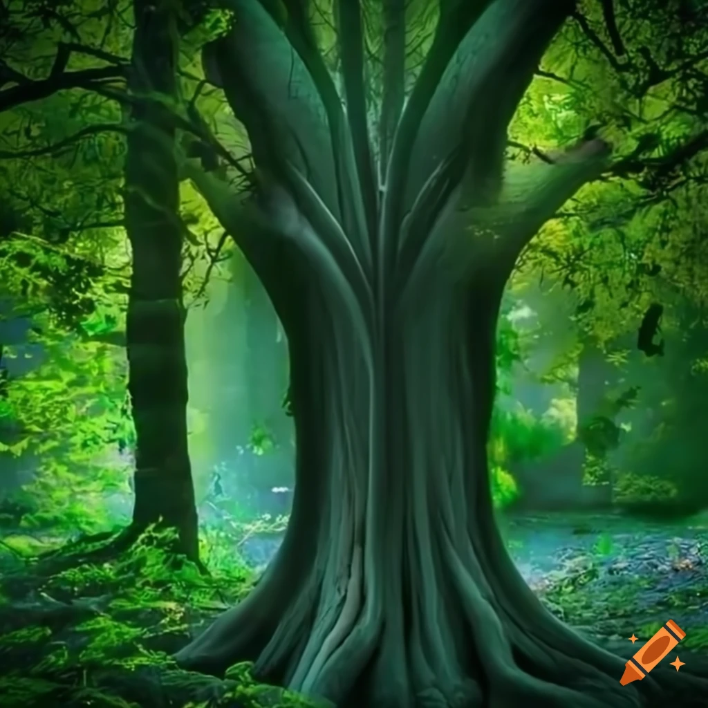 Photo of a magical forest with large leafed trees on Craiyon