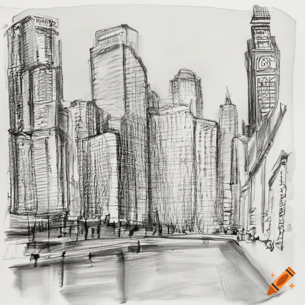 Pencil drawing of an aerial view of a city on Craiyon