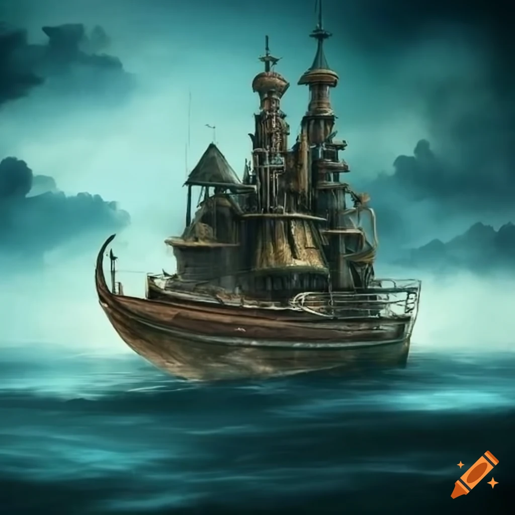 Steampunk boat in a surreal landscape on Craiyon