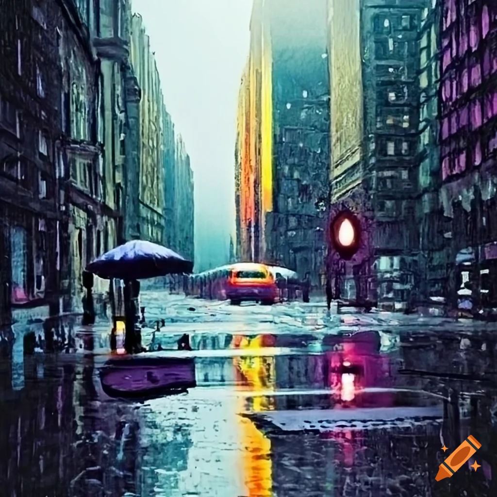 Urban street in the rain on Craiyon