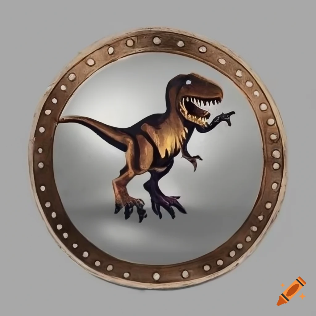 Bronze painted greek silver shield with a t. rex symbol