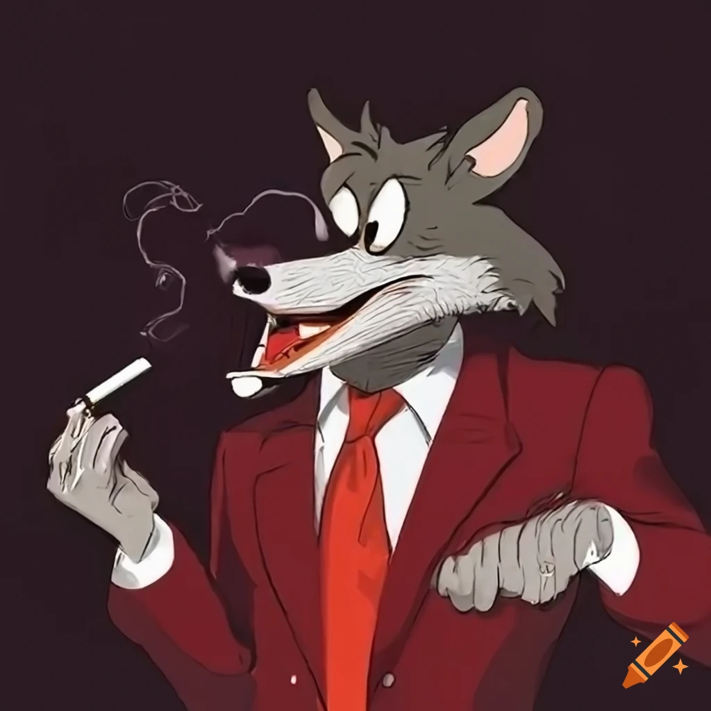 Cartoon wolf in pinstripe suit holding a gun on Craiyon