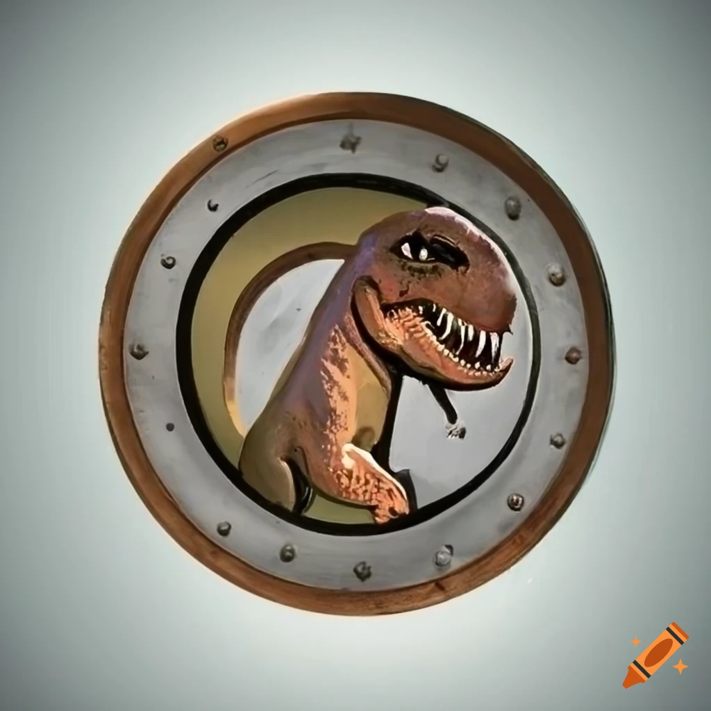 Circular greek silver shield with tyrannosaurus rex symbol on Craiyon