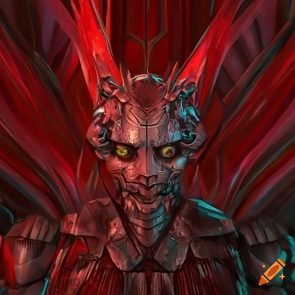 Red and silver armored insect portrait on Craiyon