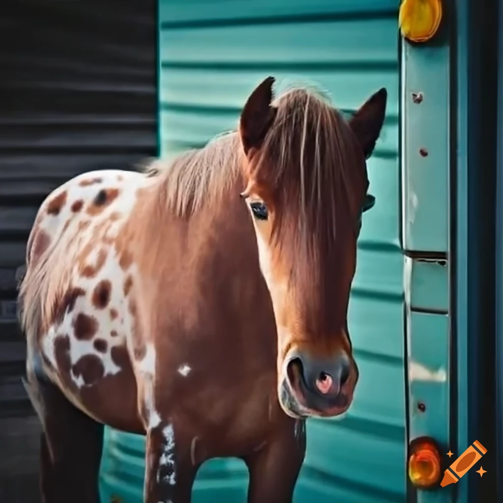Spotted pony in front of a trailer on Craiyon