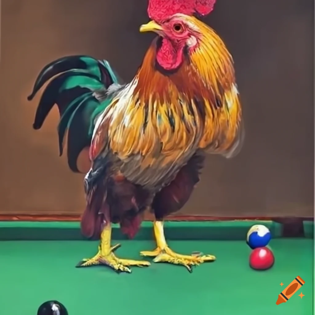 Funny painting of a rooster playing pool on Craiyon