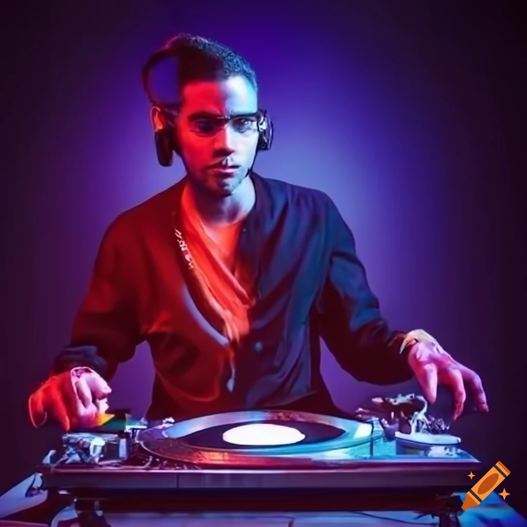 Portrait of a male dj with a turntable on Craiyon