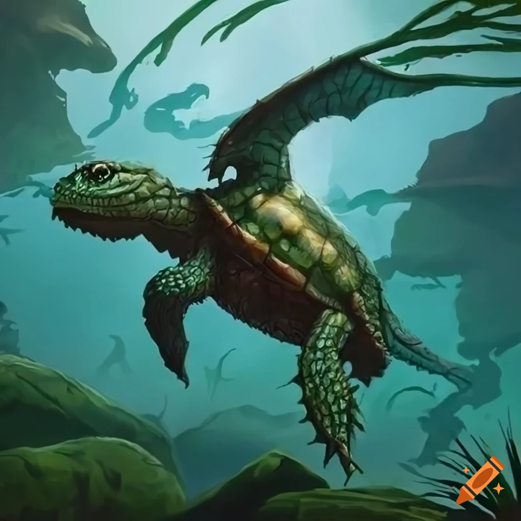 Illustration of an aquatic dragon turtle in epic landscape on Craiyon