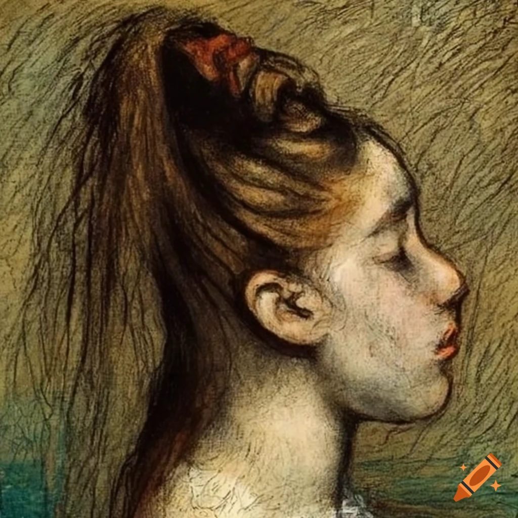 Charcoal drawing of a girl with flowing hair on Craiyon