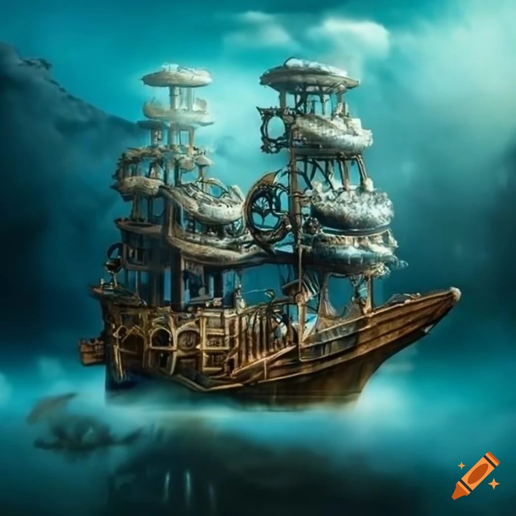 Surreal steampunk boat sailing in a mysterious landscape on Craiyon