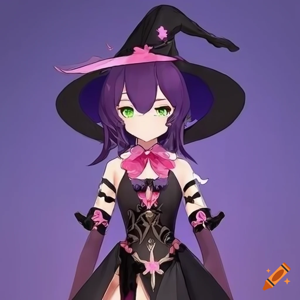 Genshin impact cosplay in black witch dress with pink and purple ...