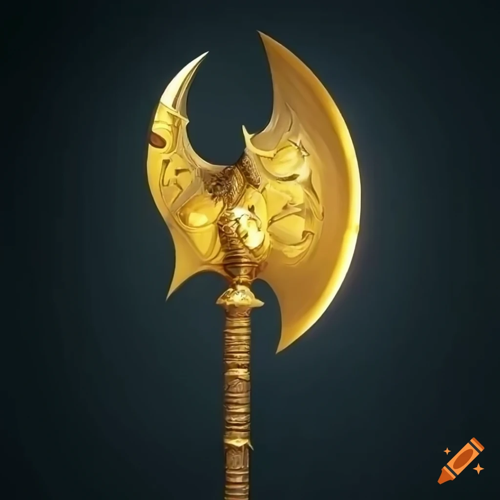 Hyperrealistic golden halberd with sunbeams as blades