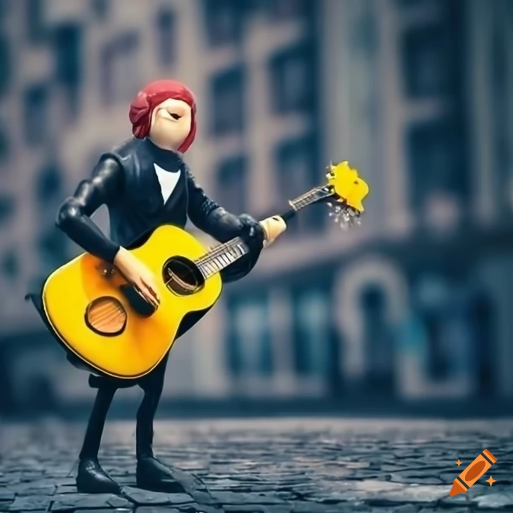 Fantasy figure playing guitar in a city street on Craiyon
