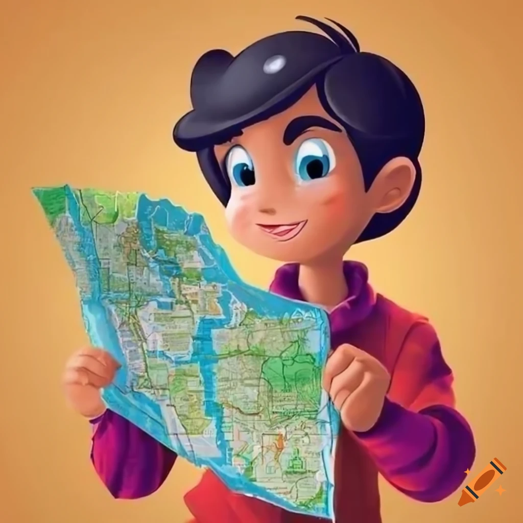 Cartoon-style illustration of a boy holding a map on Craiyon