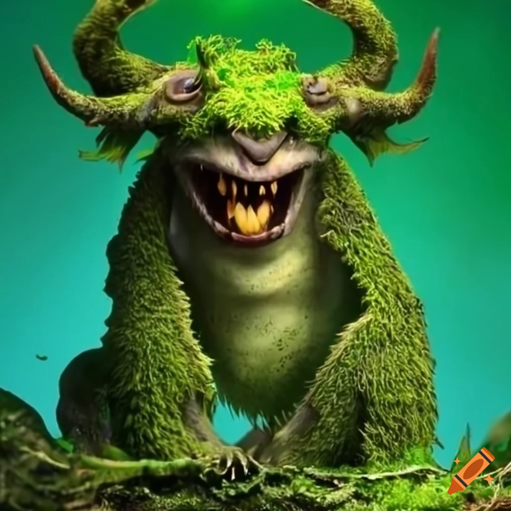 Illustration of a green leafy beast with mossy horns and yellow eyes on ...