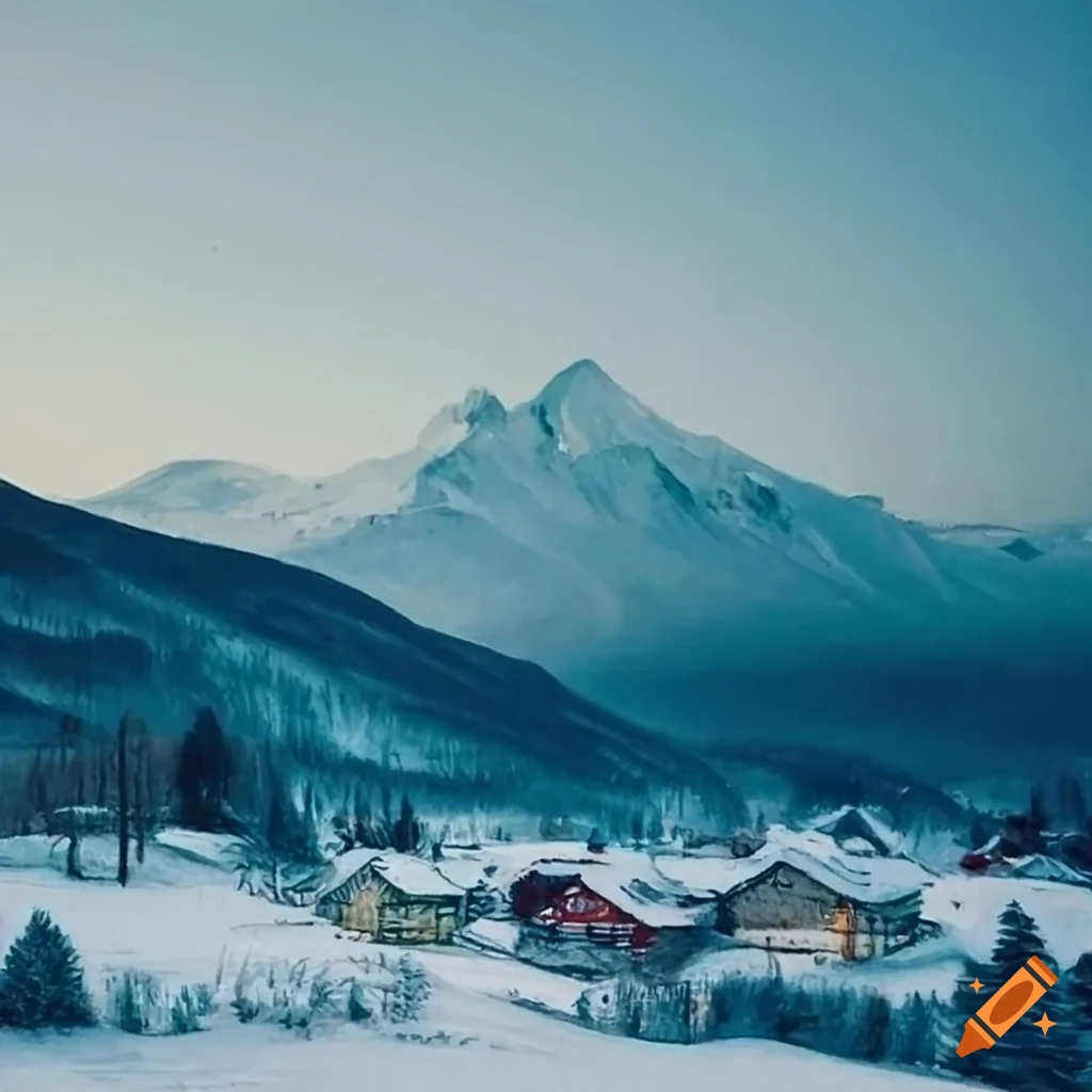 Snowy landscape with mountains and a village
