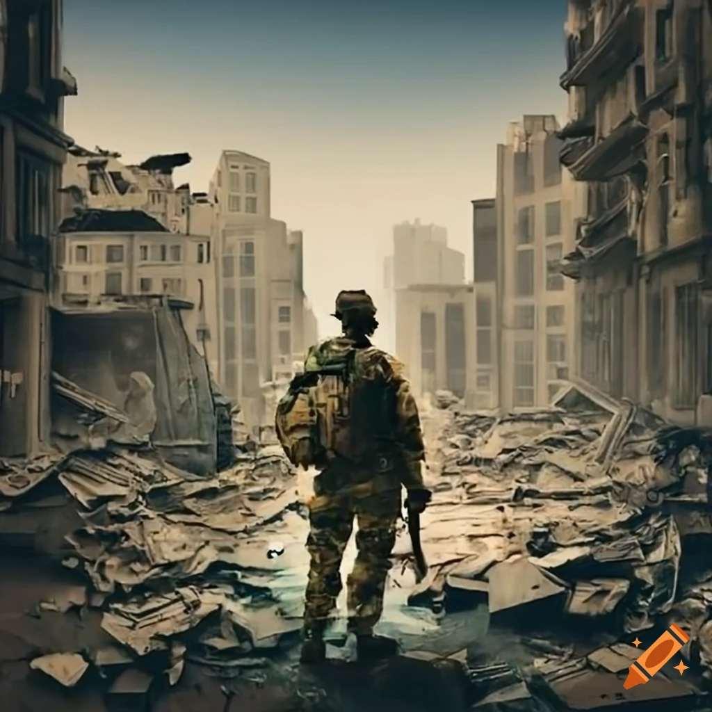 Soldier observing a destroyed city on Craiyon