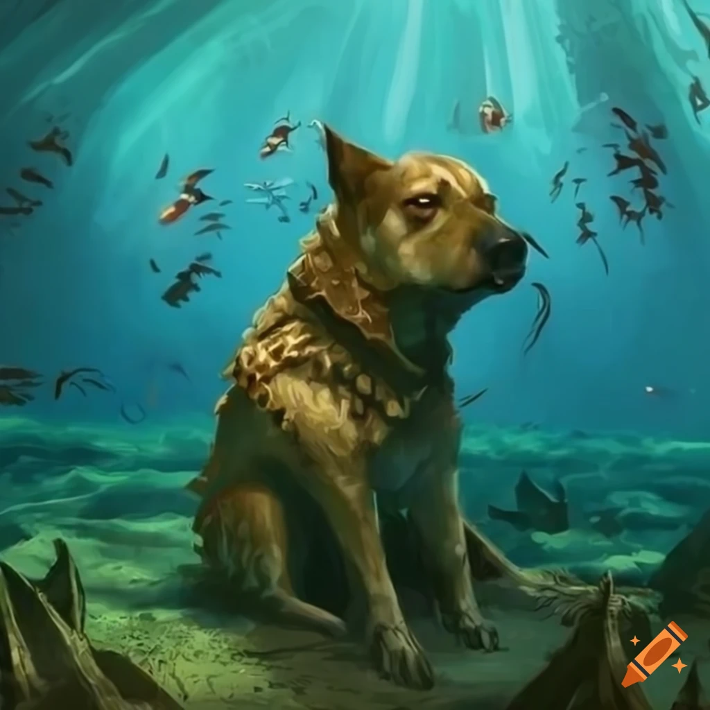 Magic the gathering style artwork of a happy dog sitting underwater on ...