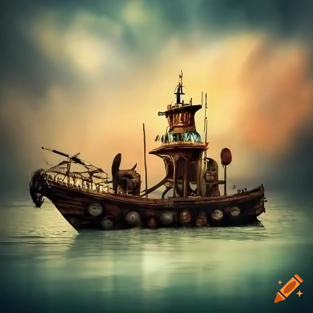 Surreal steampunk artwork with machines and crabs on the beach on Craiyon