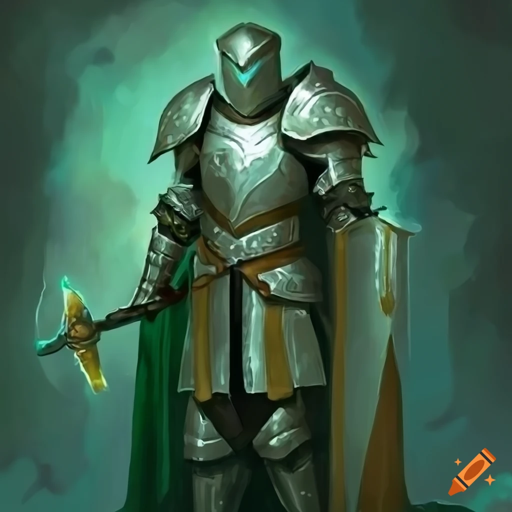 Image of a masked holy paladin in green and white armor on Craiyon