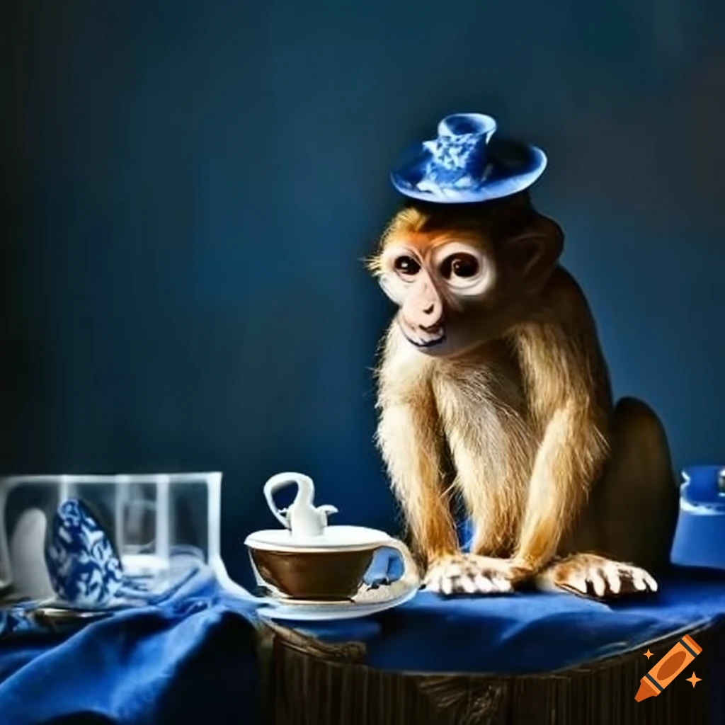 Colonial blue decor with monkeys having tea