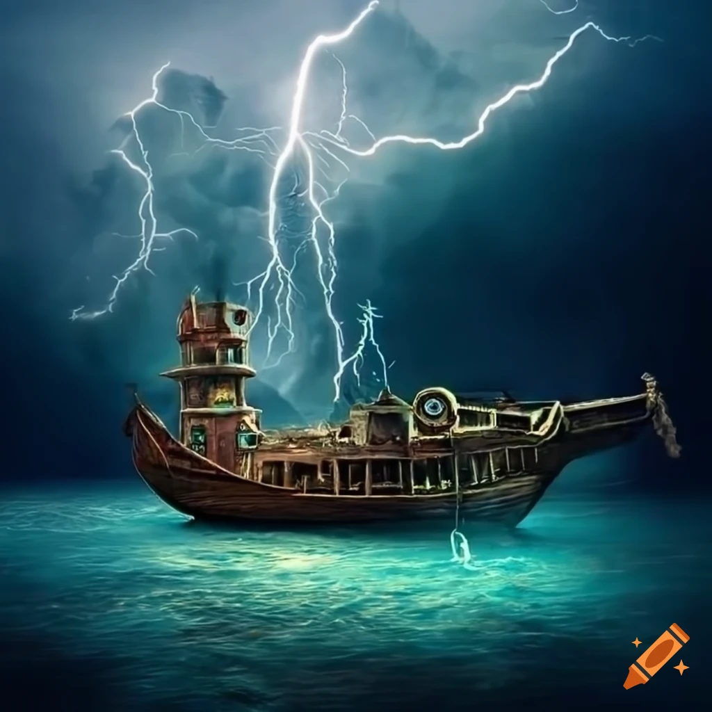 Surreal steampunk illustration with giant boats and strange creatures ...